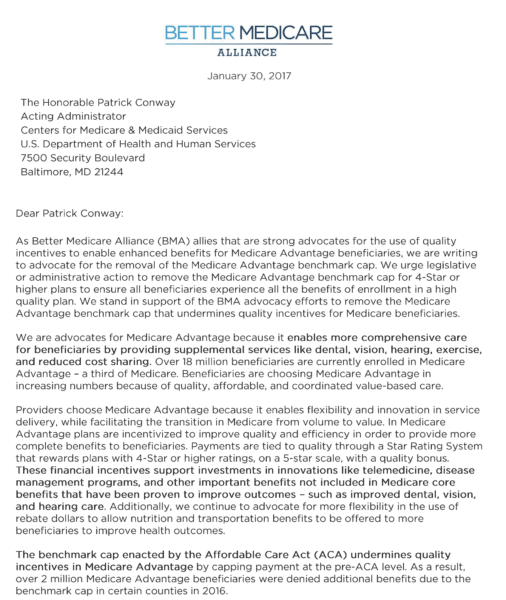 Joint Letter to CMS: Regarding the Medicare Advantage Benchmark Cap ...