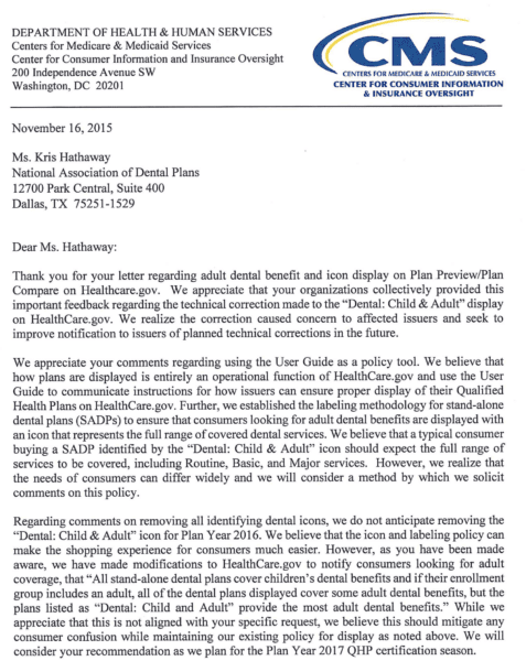 CMS Letter to NADP: Correction to the Dental Icon via Static Verbiage ...